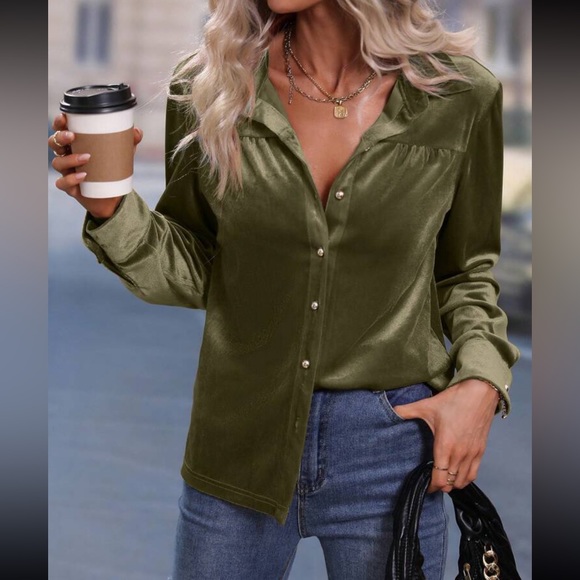 Tops | Luxe Olive Green Button Down Shirt | Poshmark